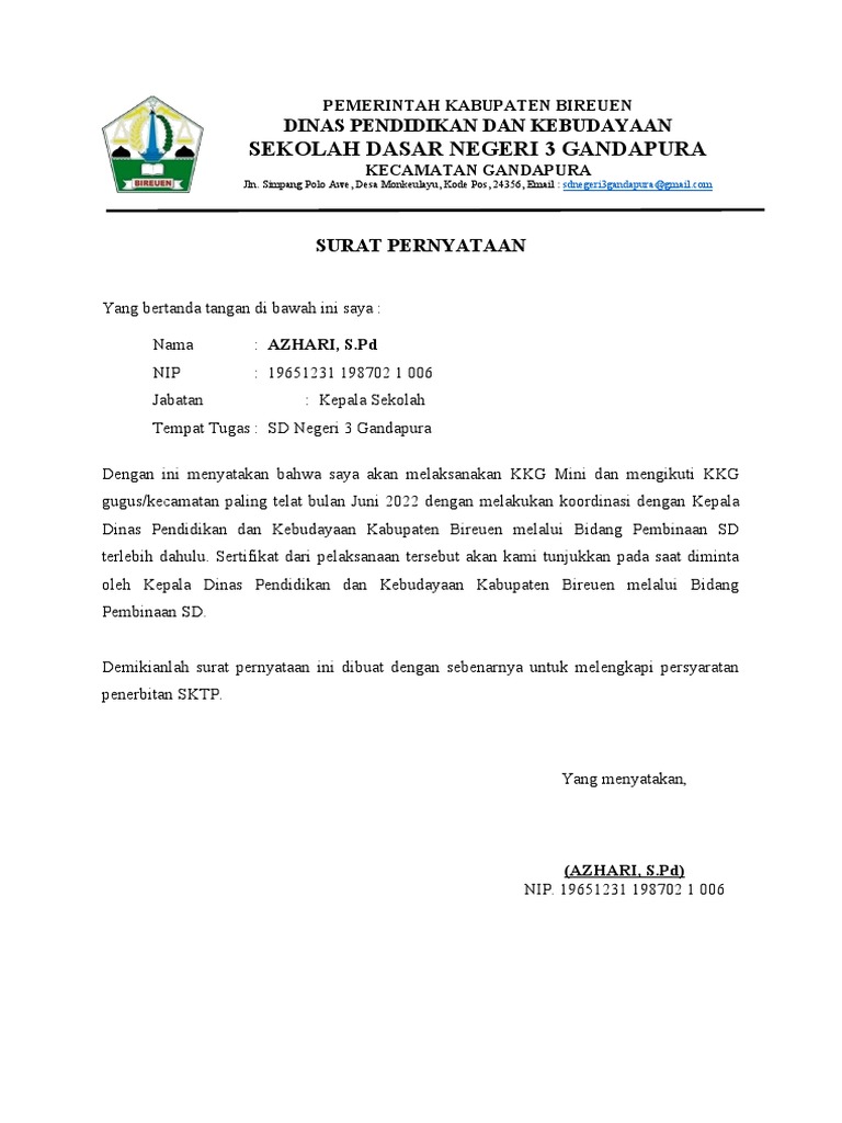 Surat Pernyataan KKG | PDF