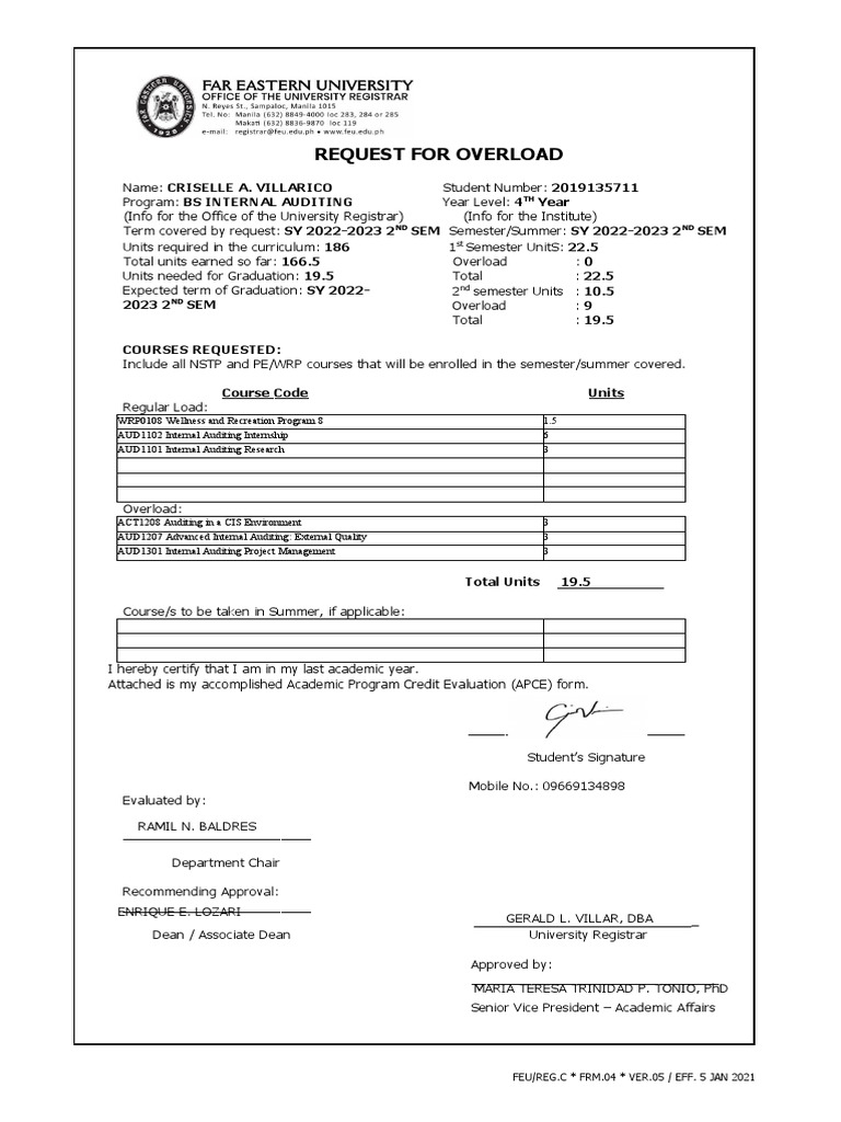 Villarico Reg.c Frfm.04 Request For Overload 5jan2021 2 | PDF | Vocational Education