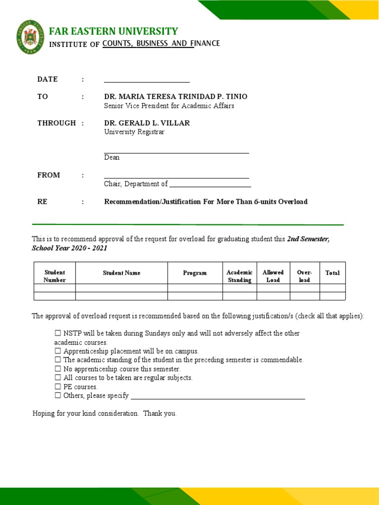 Template Justification For Overload 7 To 9 Units 1 1 | PDF | Career & Growth