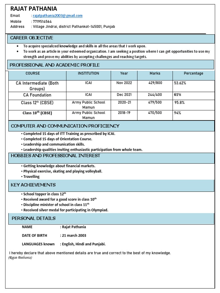 Rajat Pathania: CA Aspirant Profile | PDF