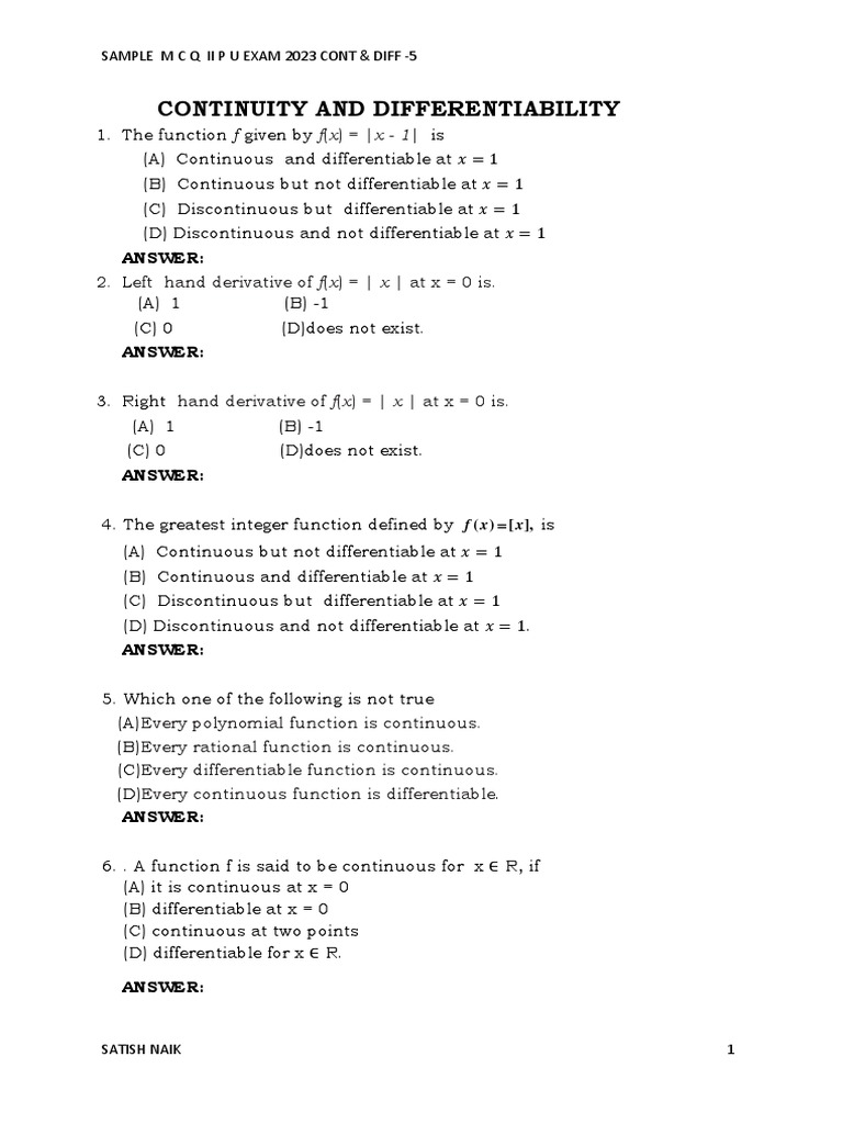 Continuity and Diffrentiability MCQS | PDF | Function (Mathematics) | Continuous Function