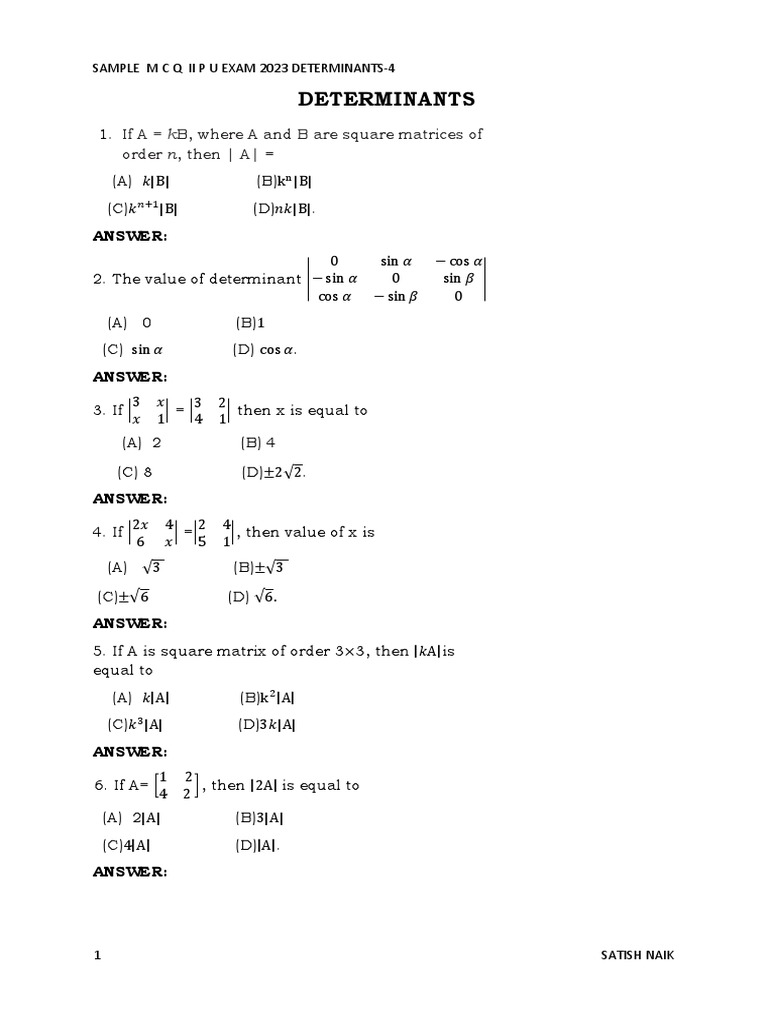 Determinants MCQS | PDF | Determinant | Matrix (Mathematics)