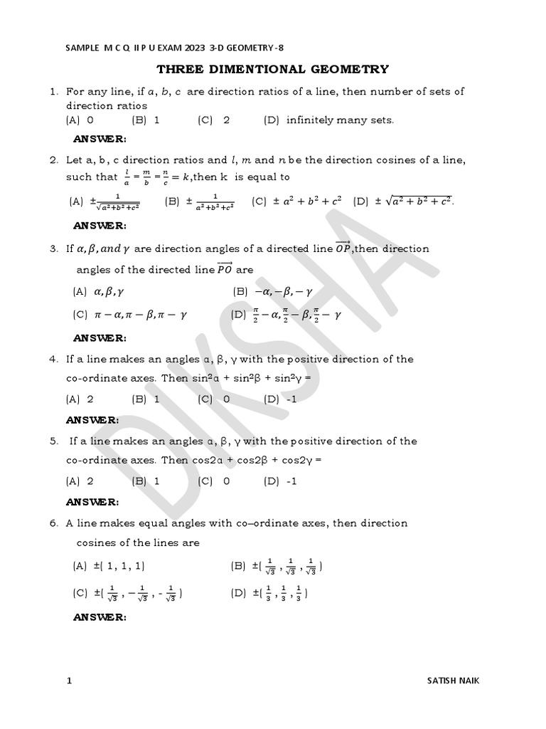 3D MCQS | Download Free PDF | Plane (Geometry) | Angle