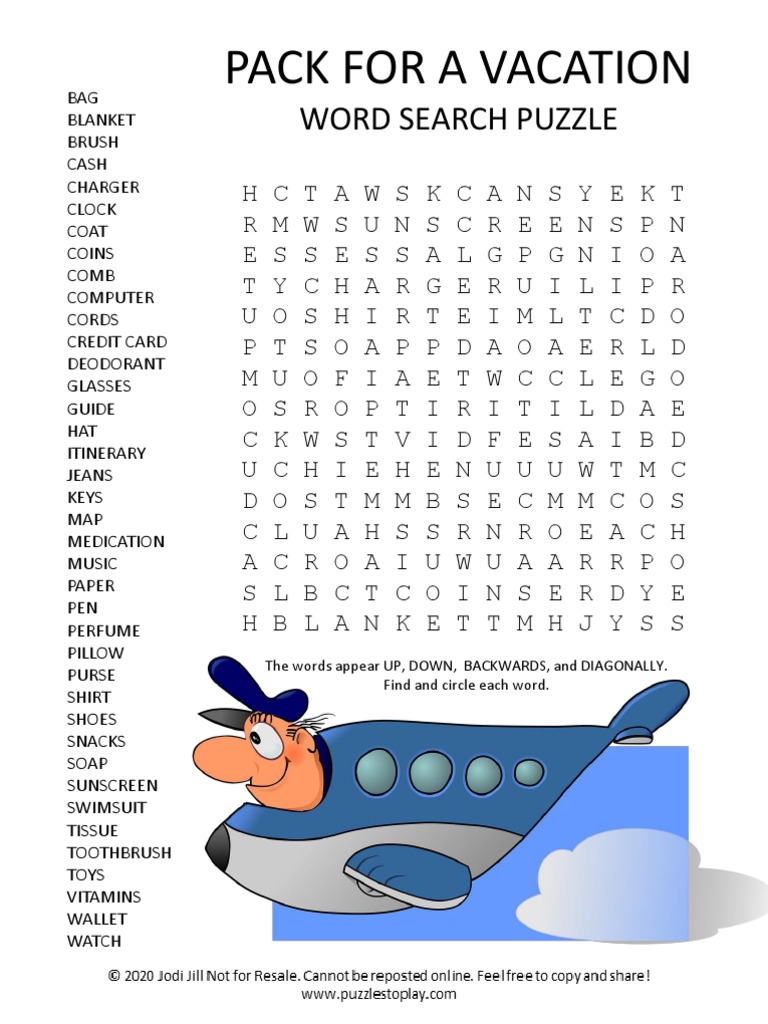 Vacation Packing Word Search Puzzle File | PDF