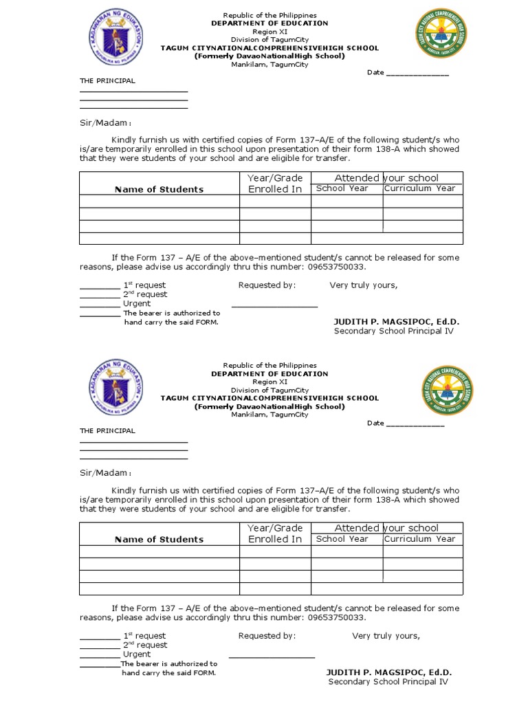 Request for Form 137-A Copies | PDF