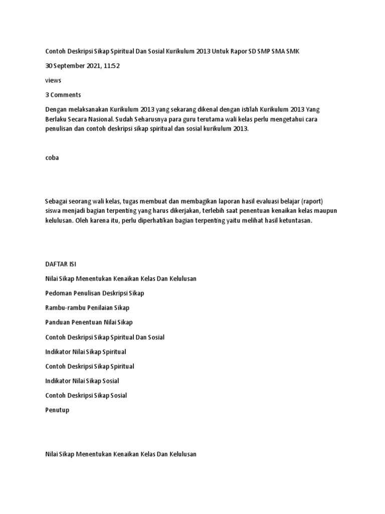 Contoh Deskripsi Sikap Spiritual Dan Sosial Kurikulum 2013 Untuk Rapor SD SMP SMA SMK | PDF ...