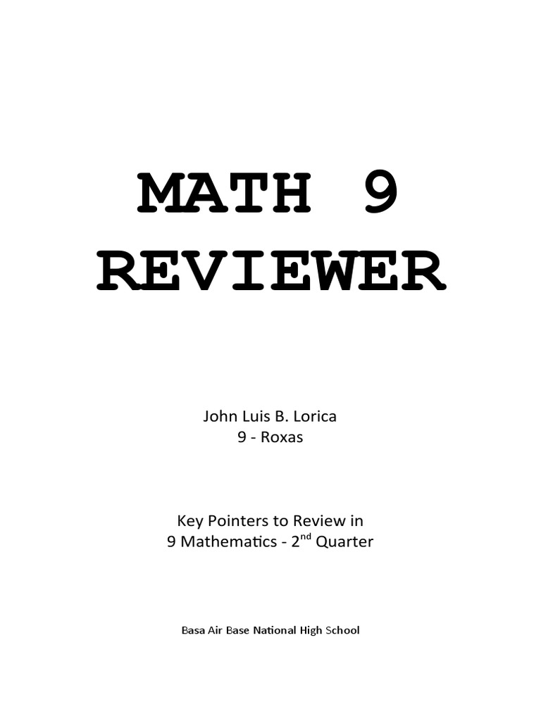 Math 9 Reviewer | PDF | Quadratic Equation | Mathematical Objects