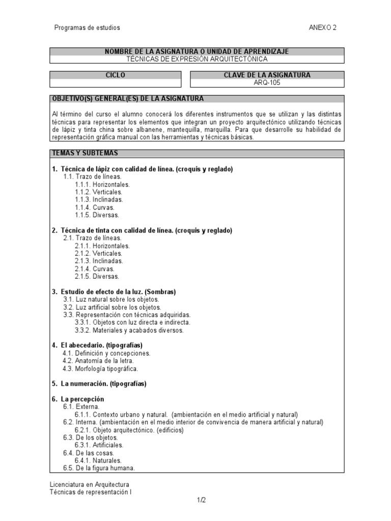 ARQ-105 Técnicas de Expresion Arquitectonica | PDF | Evaluación | Dibujo