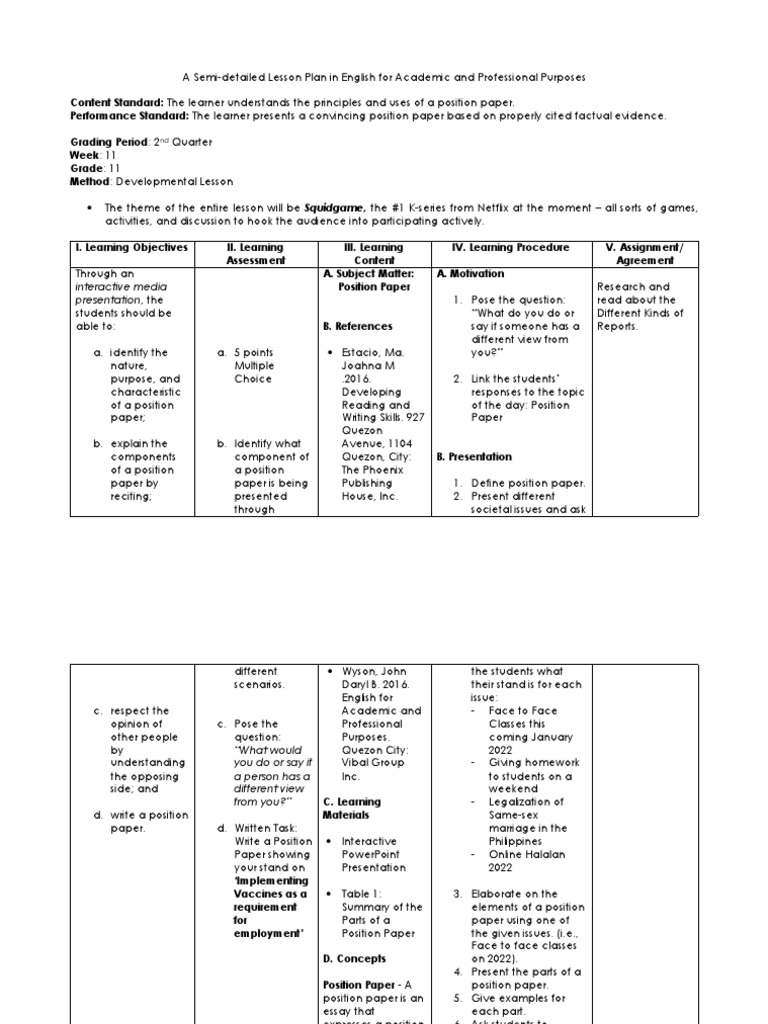 Position Paper Lesson Plan | PDF | Lesson Plan | Learning