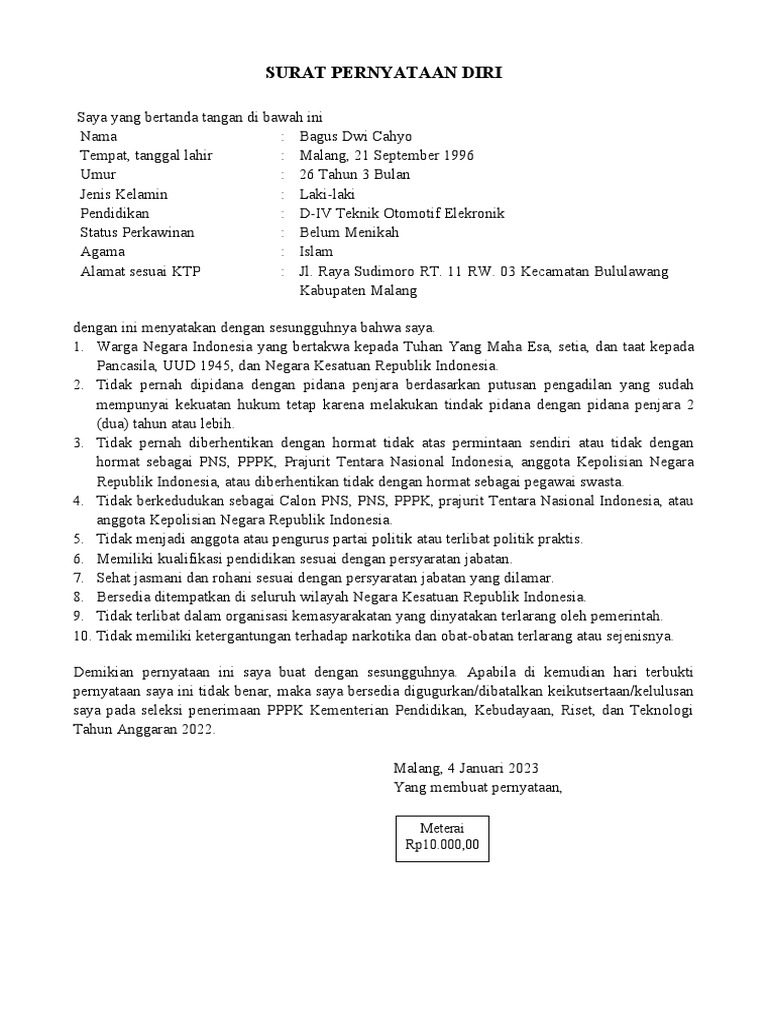 Surat Pernyataan Diri | PDF