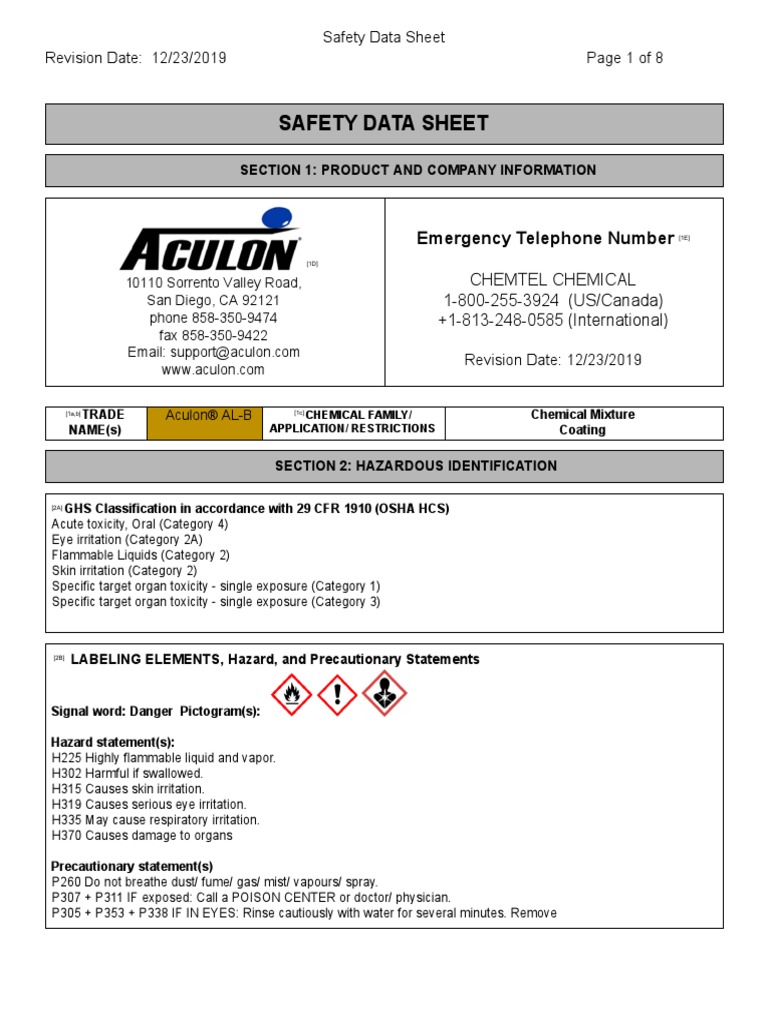 Aculon AL-B SDS | PDF | Workplace | Working Conditions