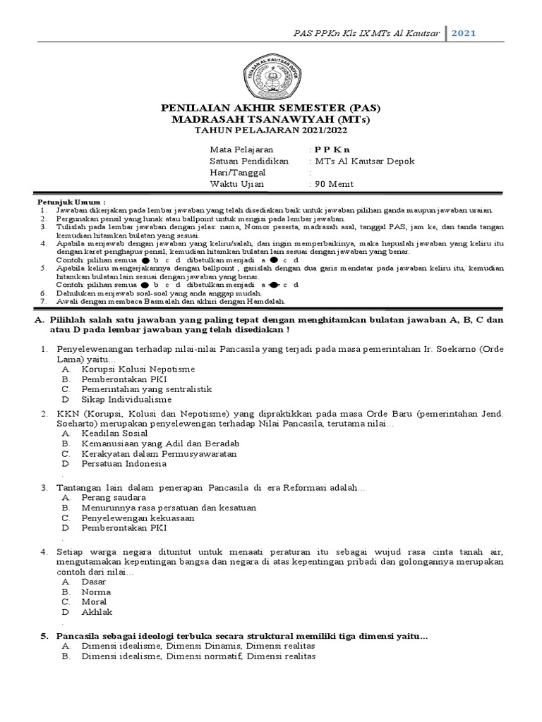 Soal Pas PPKN Kelas 9 TP 2021-2022 | PDF