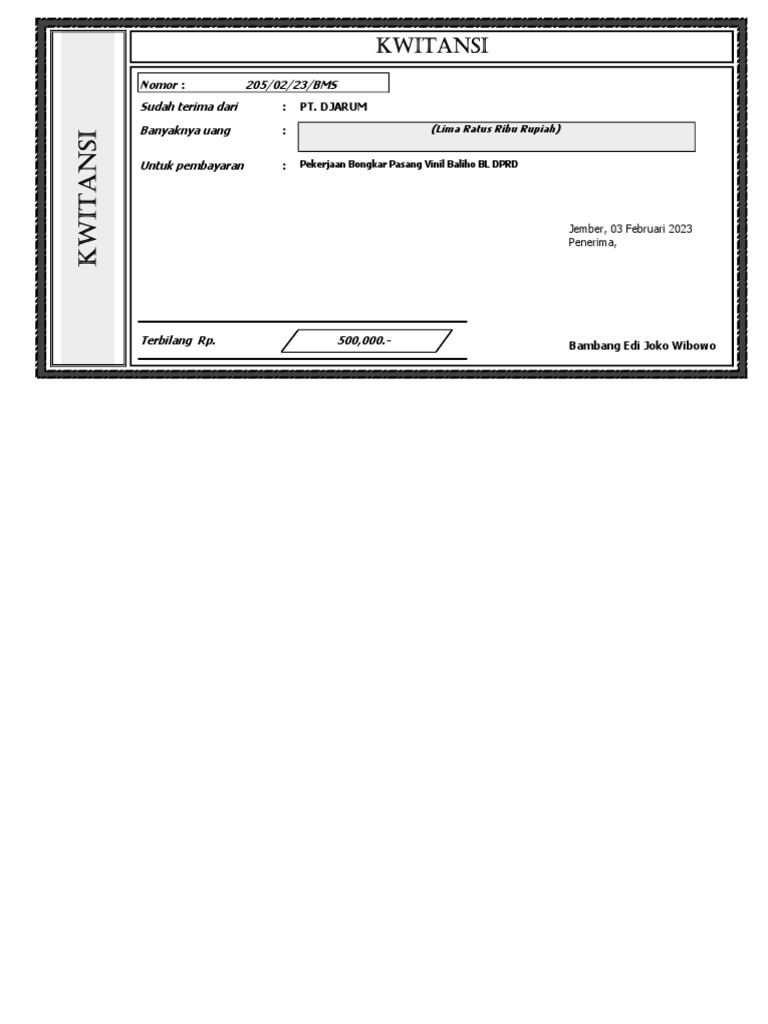 Kwitansi Pembayaran Pekerjaan Bongkar Pasang Vinil Baliho BL DPRD | PDF