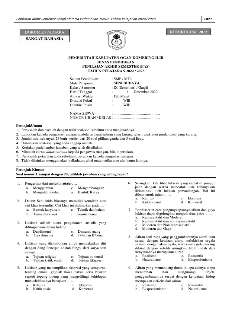 Soal Pas SBK Ix SMTR 1 SMP N4 (22-23) | PDF