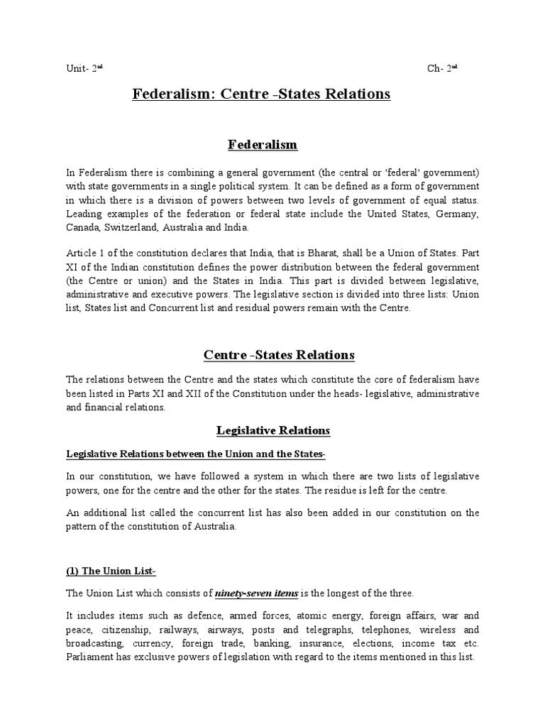 An In-Depth Examination of Centre-State Relations in India Through the ...