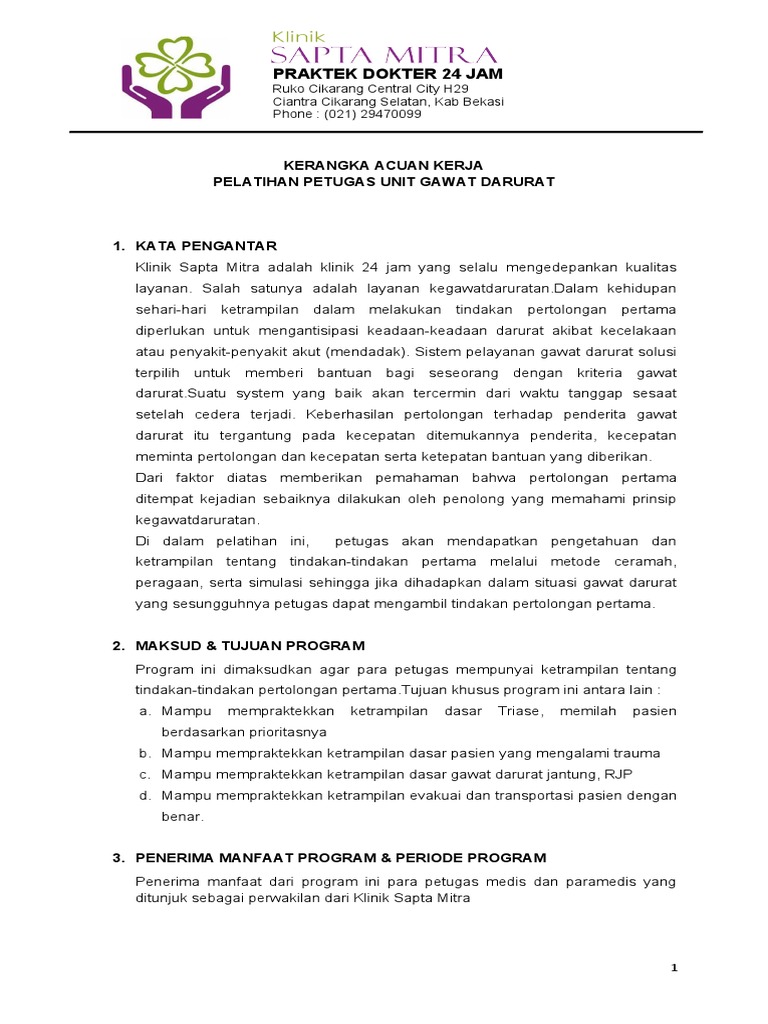 2.2.3.2 Dan 2.3.1.4 Kak Pelatihan Petugas Unit Gawat Darurat | PDF