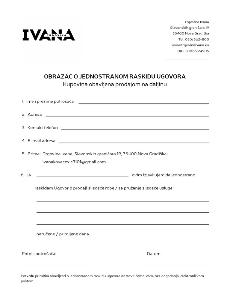 Obrazac o Jednostranom Raskidu Ugovora | PDF