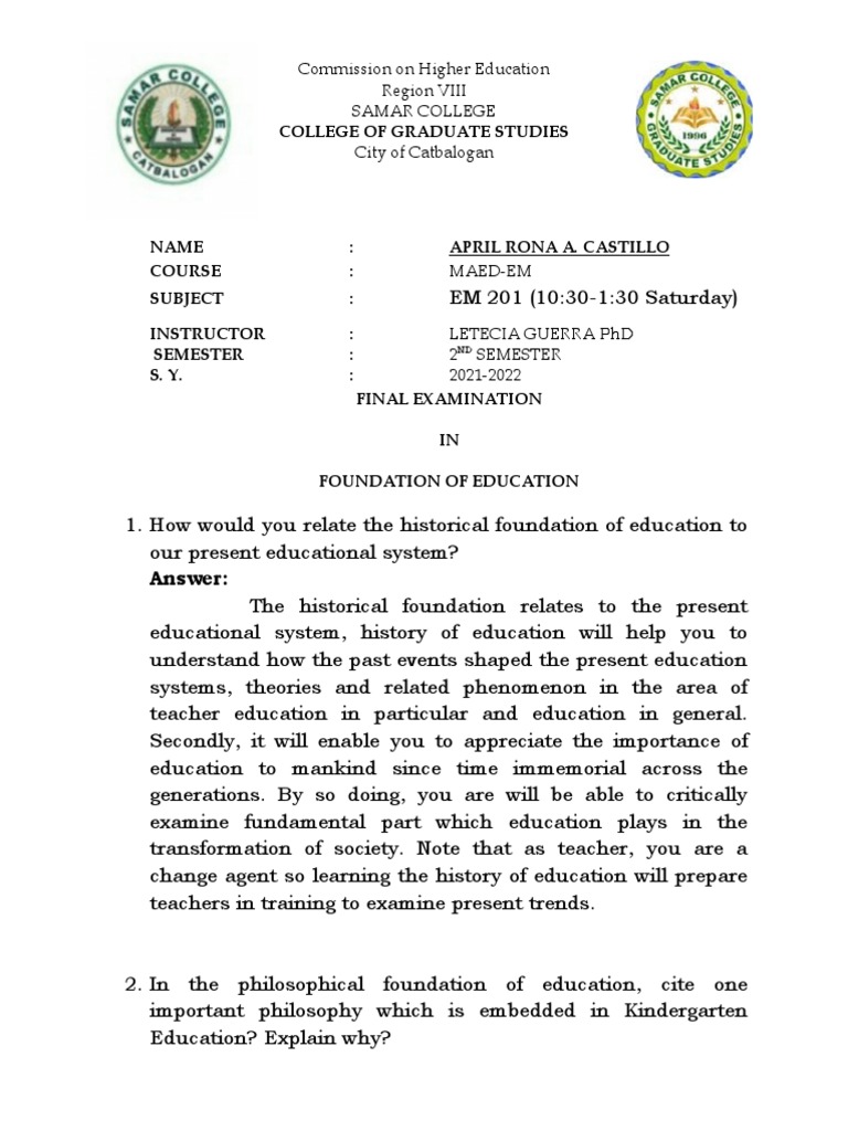 Final Exam-Foundation of Education - Castillo April Rona A. | PDF | Learning | Constructivism ...