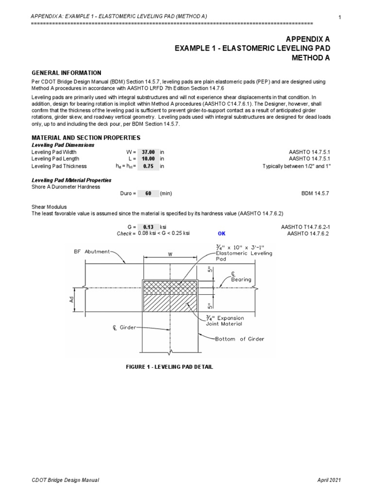 Example 1 - Design of an Elastomeric Leveling Pad Using Method A | PDF ...