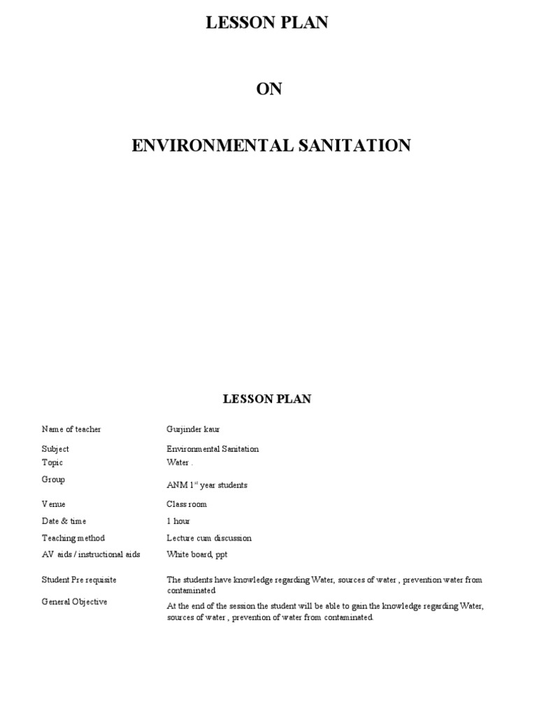Lesson Plan in Water A.N.M 1ST Year (Environmaental Sanitation | PDF ...
