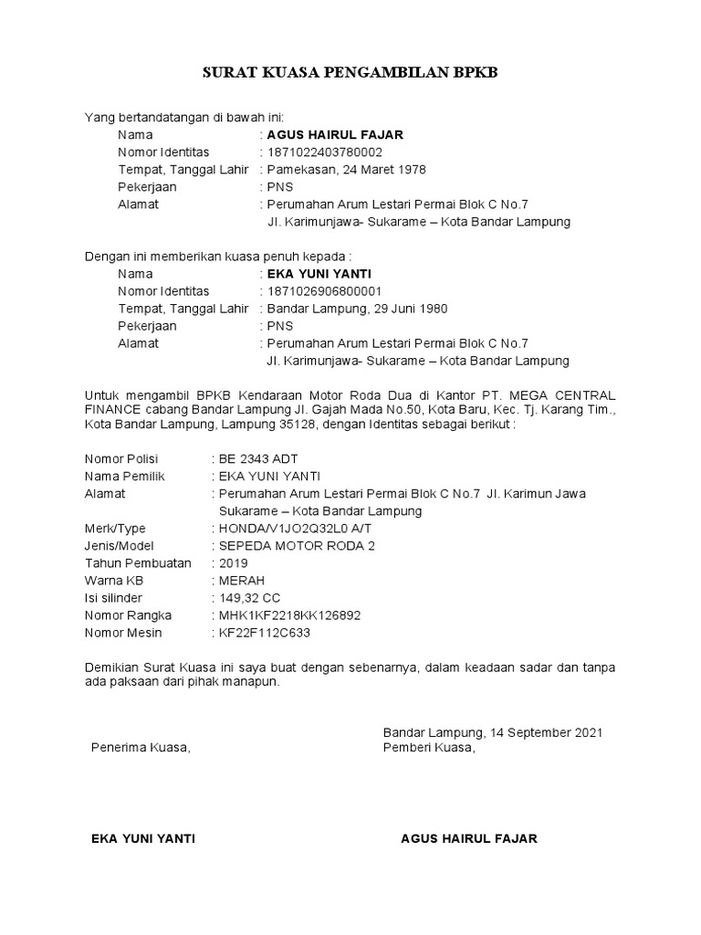CONTOH SURAT KUASA PENGAMBILAN BPKB | PDF