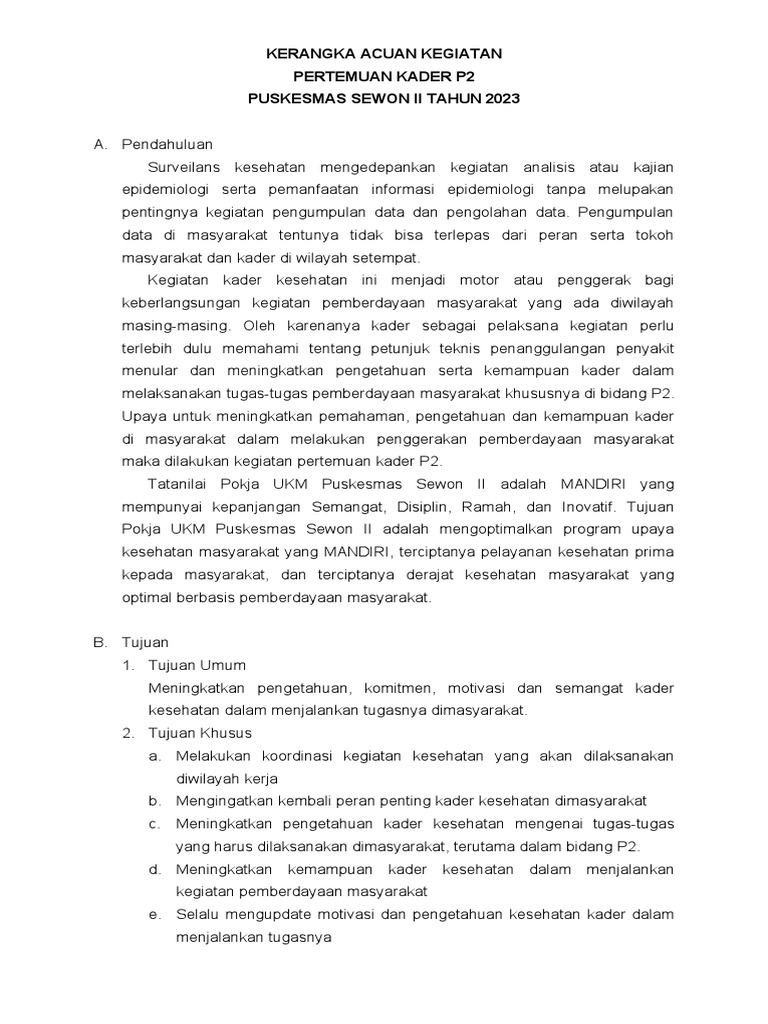 KAK Pertemuan Kader P2 2023 | PDF