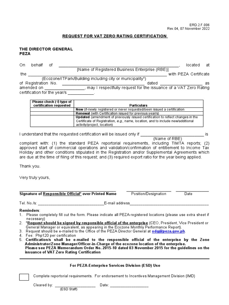 Erd.2.f.006 Rev. 04 Request For Vat Zero-Rating Certification | PDF ...