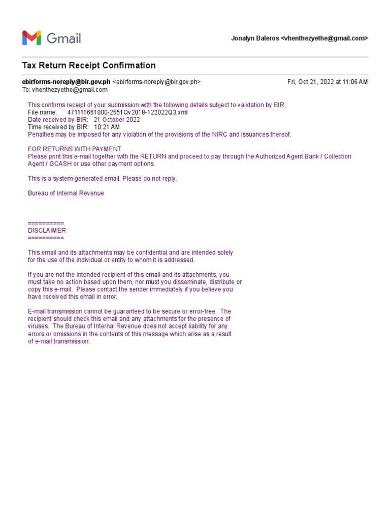 Tax Return Receipt Confirmation: Ebirforms-Noreply@bir - Gov.ph | PDF
