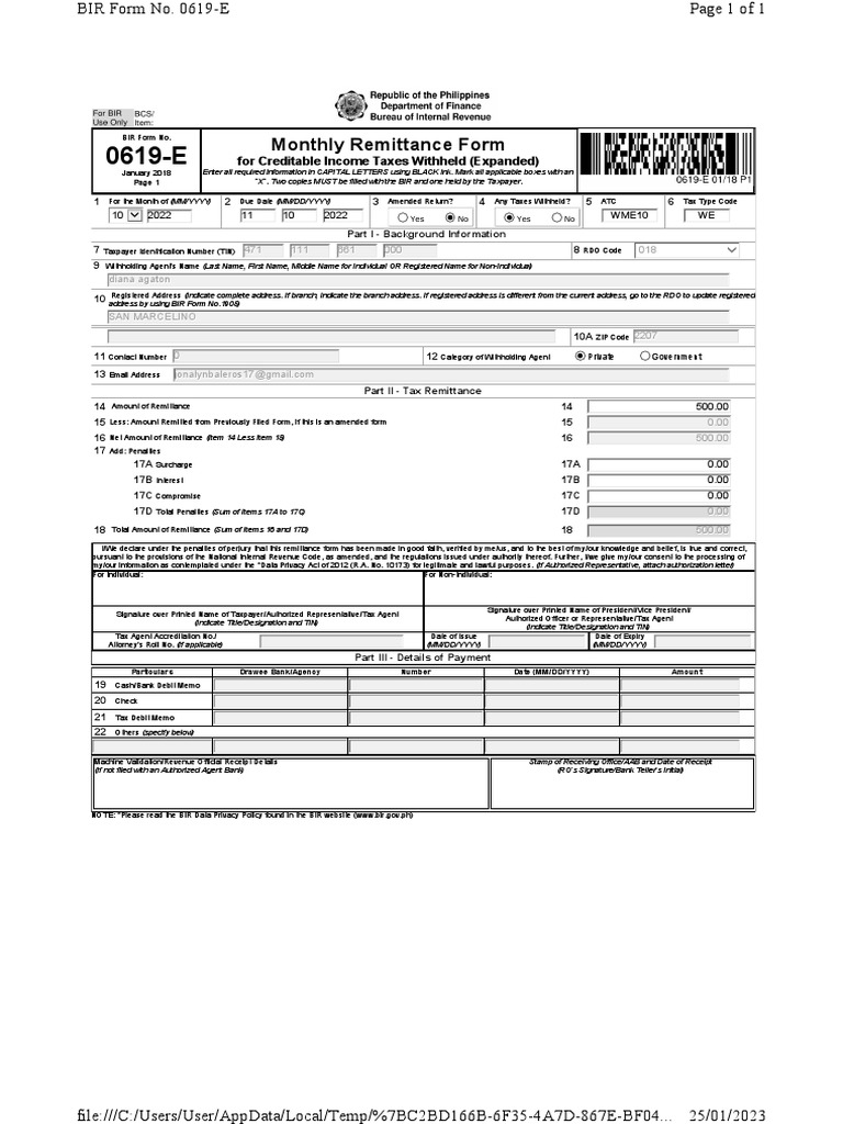 Monthly Remittance Form: For Creditable Income Taxes Withheld (Expanded ...