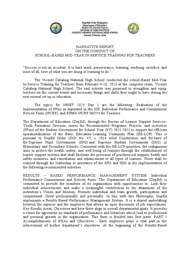 Mid-Year INSET Report for Teachers at Vicente Cabahug NHS | PDF | Goal ...