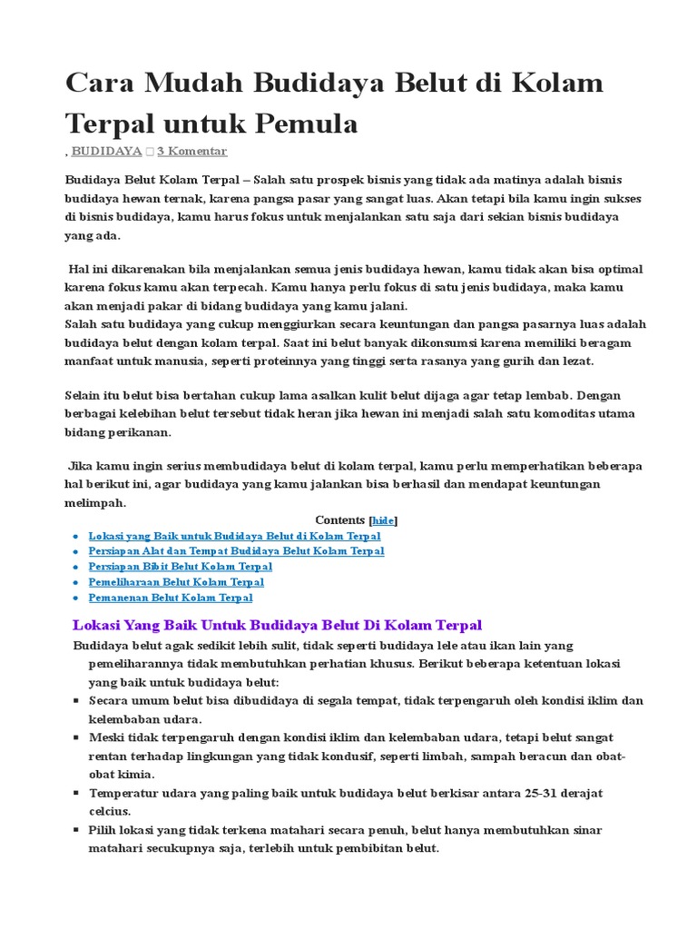 Cara Mudah Budidaya Belut Di Kolam Terpal Untuk Pemula | PDF