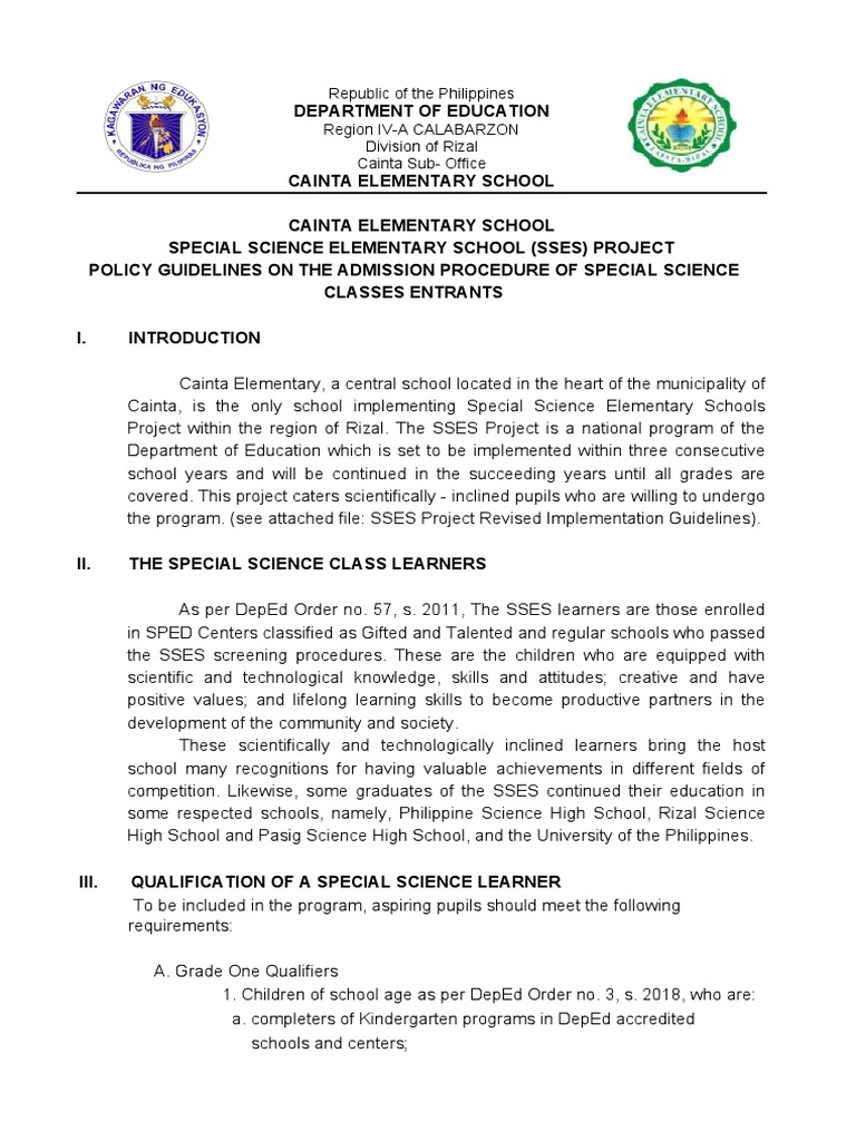 Policy Guidelines on the Admission Procedure for Cainta Elementary ...