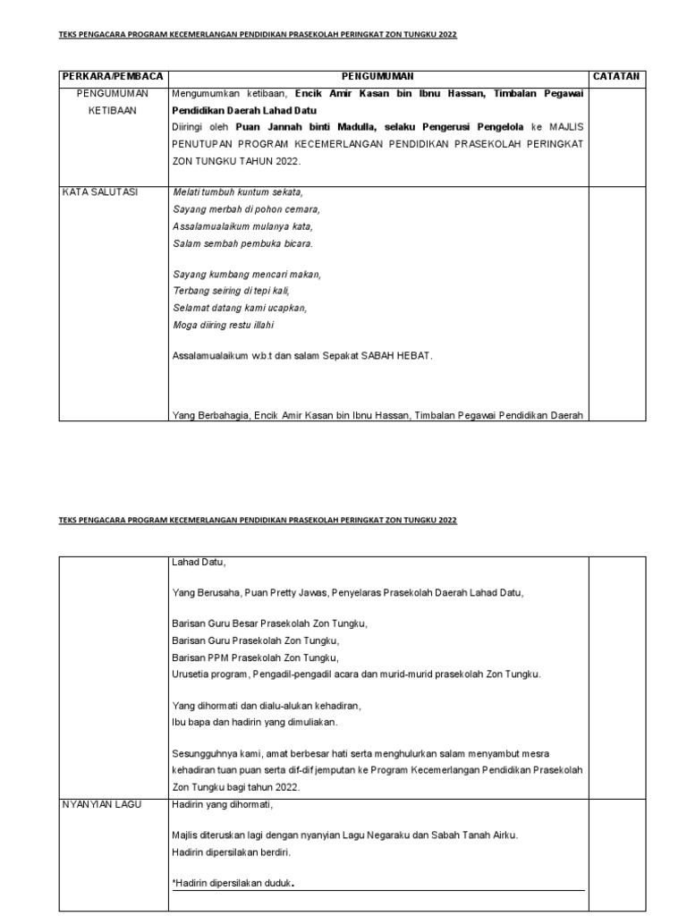 Teks Pengacara Majlis Program Kecemerlangan Prasekolah 2022 | PDF Teks Pengacara Majlis Program Kecemerlangan Prasekolah 2022 | PDF