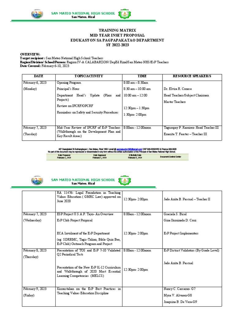 Inset Proposal Esp Department 2023 | PDF