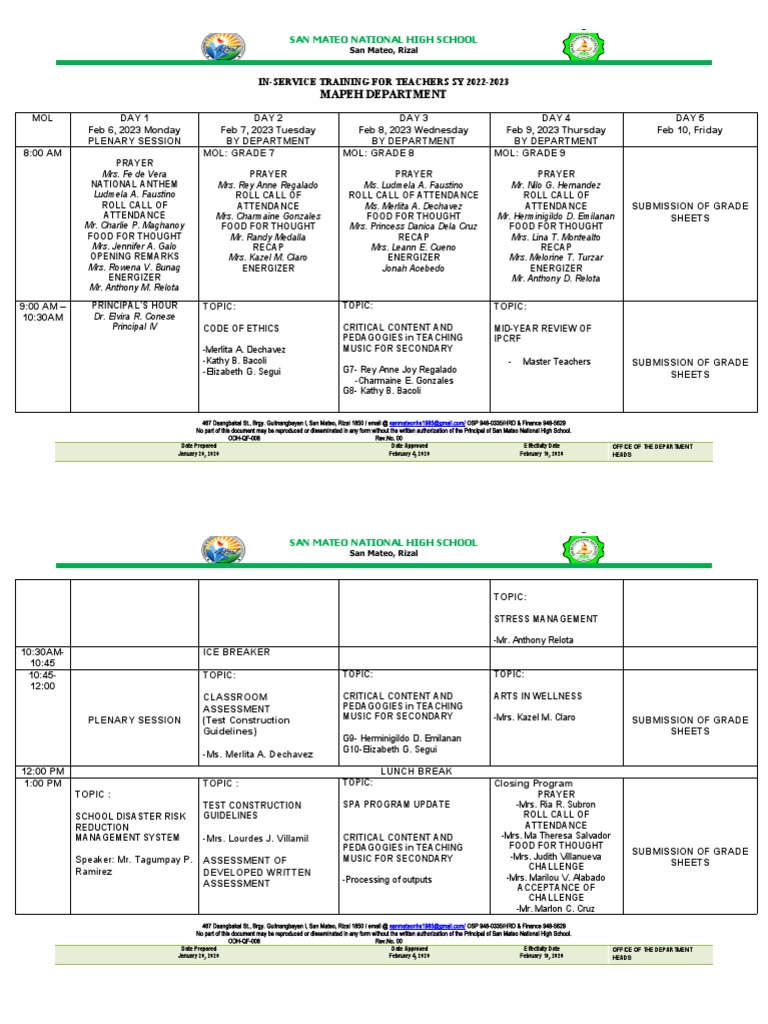 Inset 2022 2023 - Mapeh Dept. | PDF