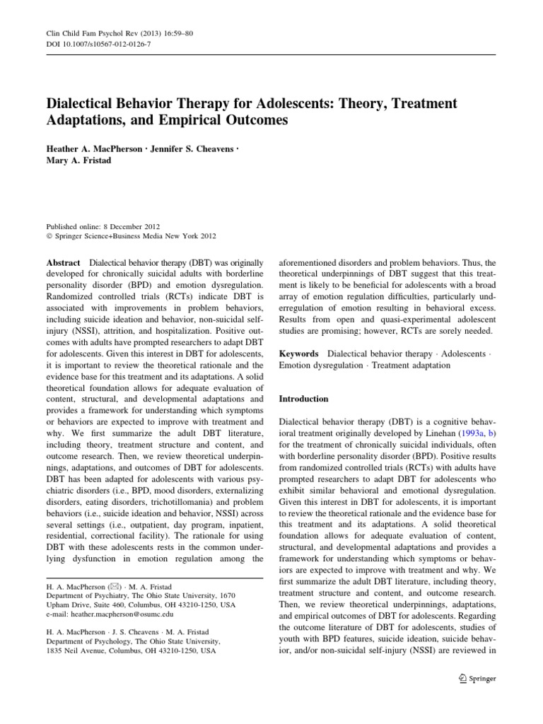 Dialectical Behavior Therapy For Adolescents: Theory, Treatment ...