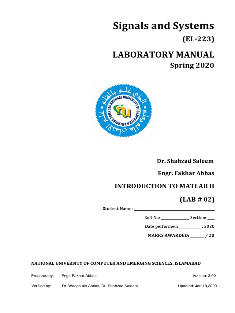 SNS Lab 02 SP 20 | Download Free PDF | Matrix (Mathematics) | Matlab