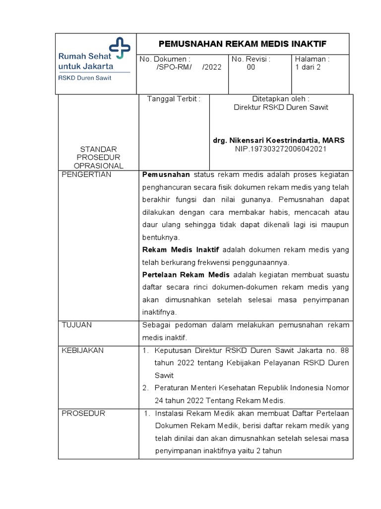 Spo Pemusnahan Rekam Medis Inaktif | PDF