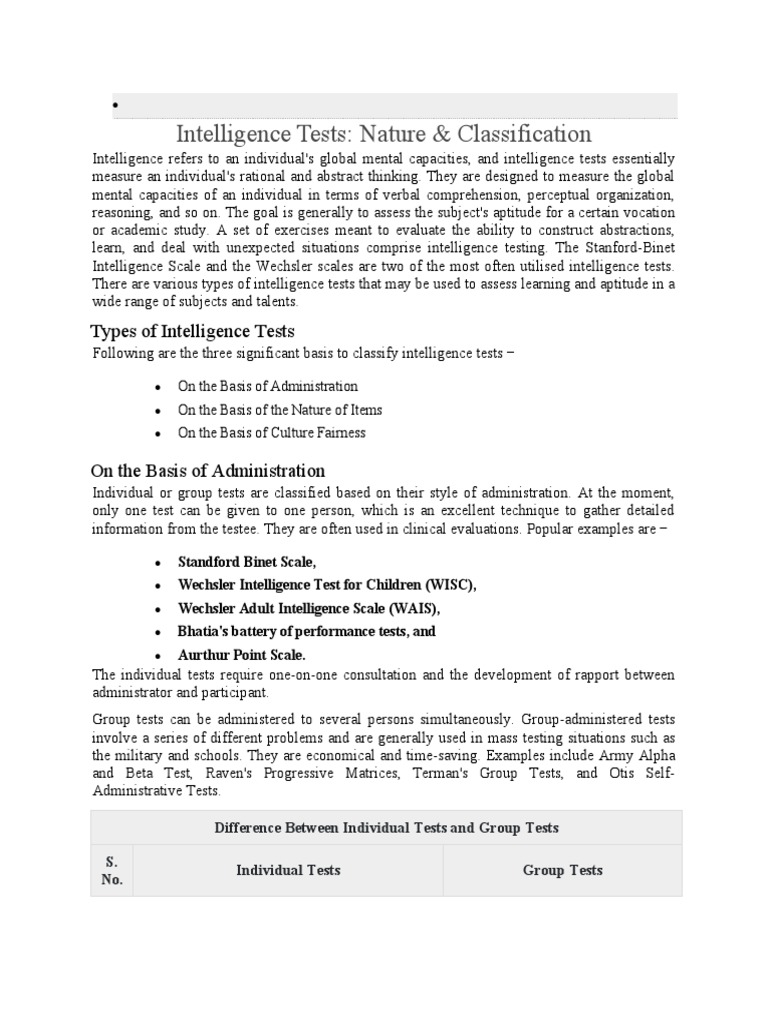 Classification of Intelligence Test | PDF | Wechsler Adult Intelligence ...