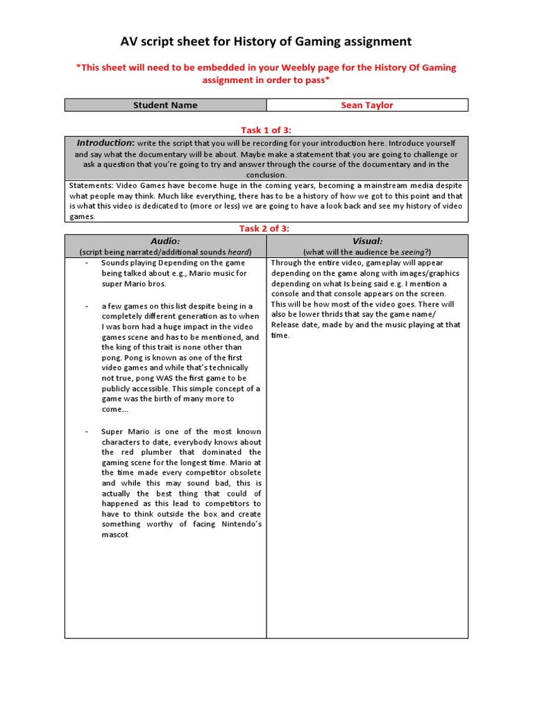 Av Script Sheet For History of Gaming Assignment | PDF | Mario | Video ...