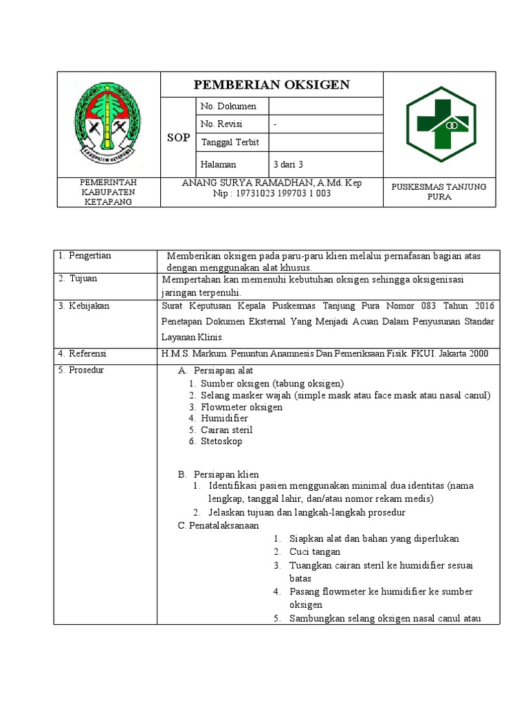 Sop Pemberian Oksigen | PDF