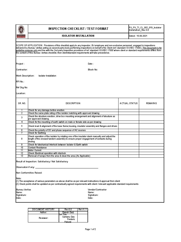 Isolator Installation PU PV TI CL 002 019 Checklist | PDF | Switch | Electromagnetism