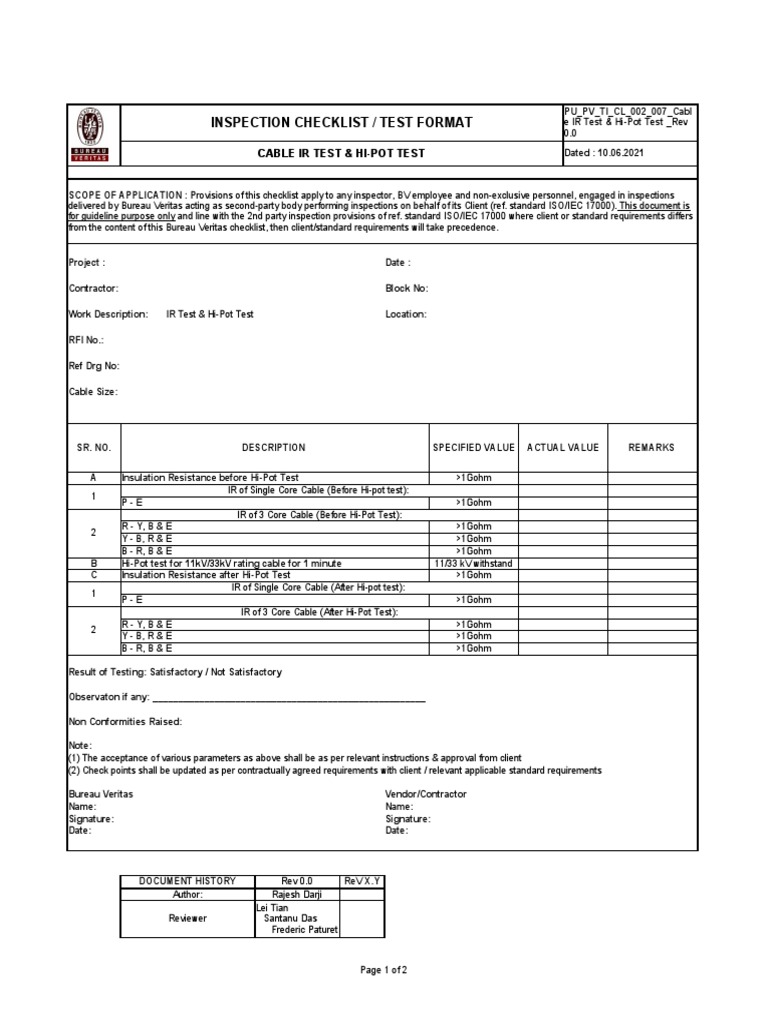 Cable IR Test & Hi-Pot Test PU - PV - TI - CL - 002 - 007 Checklist | PDF