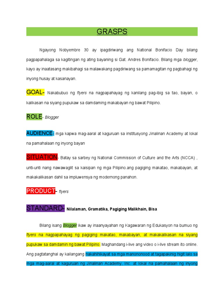 GRASPS in FILIPINO 8 2022 | PDF