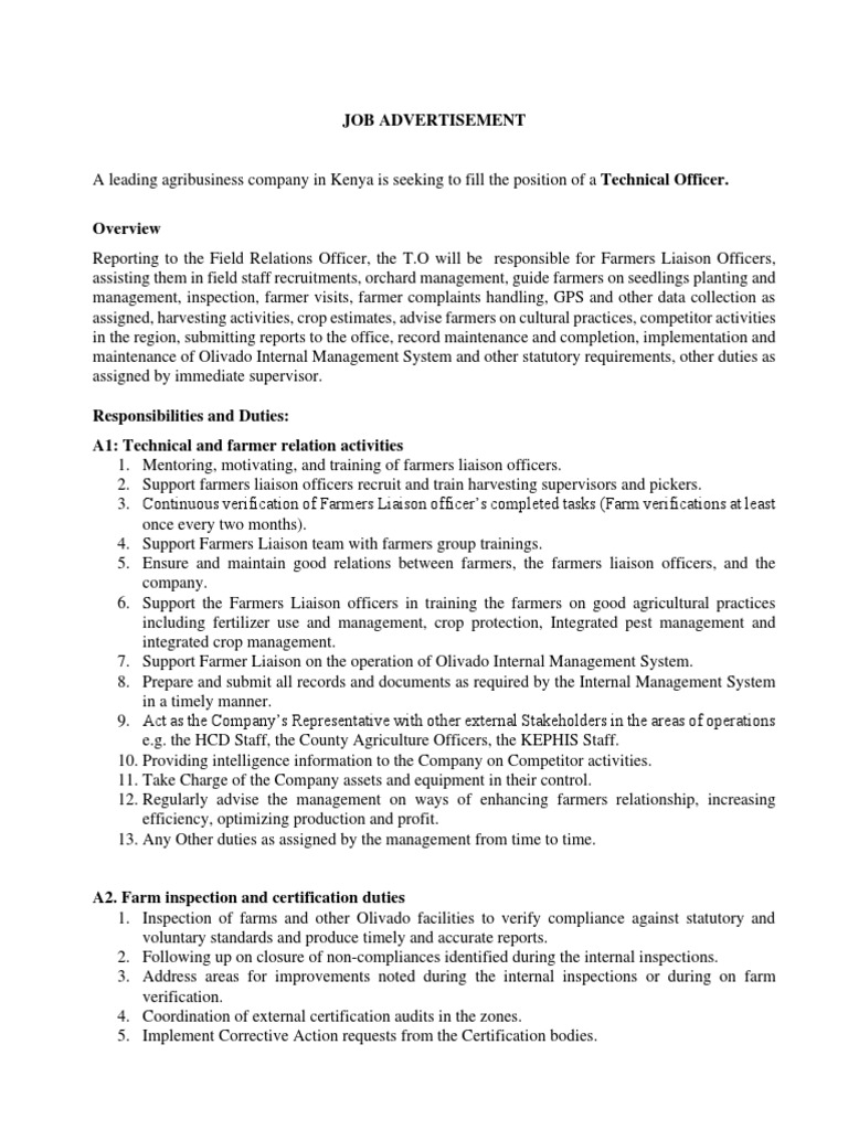 Technical Officer Job Advertisement 02 | PDF | Farmer | Regulatory ...