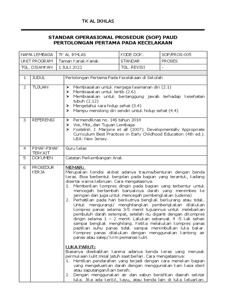 5 Sop Paud Pertolongan Pertama Pada Kecelakaan TK Al Ikhlas | PDF