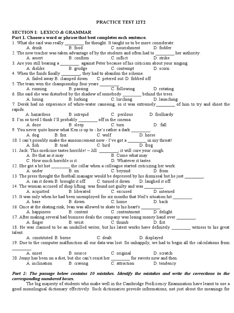 Practice Test 12T2 Section I: Lexico & Grammar Part 1. Choose A Word or ...