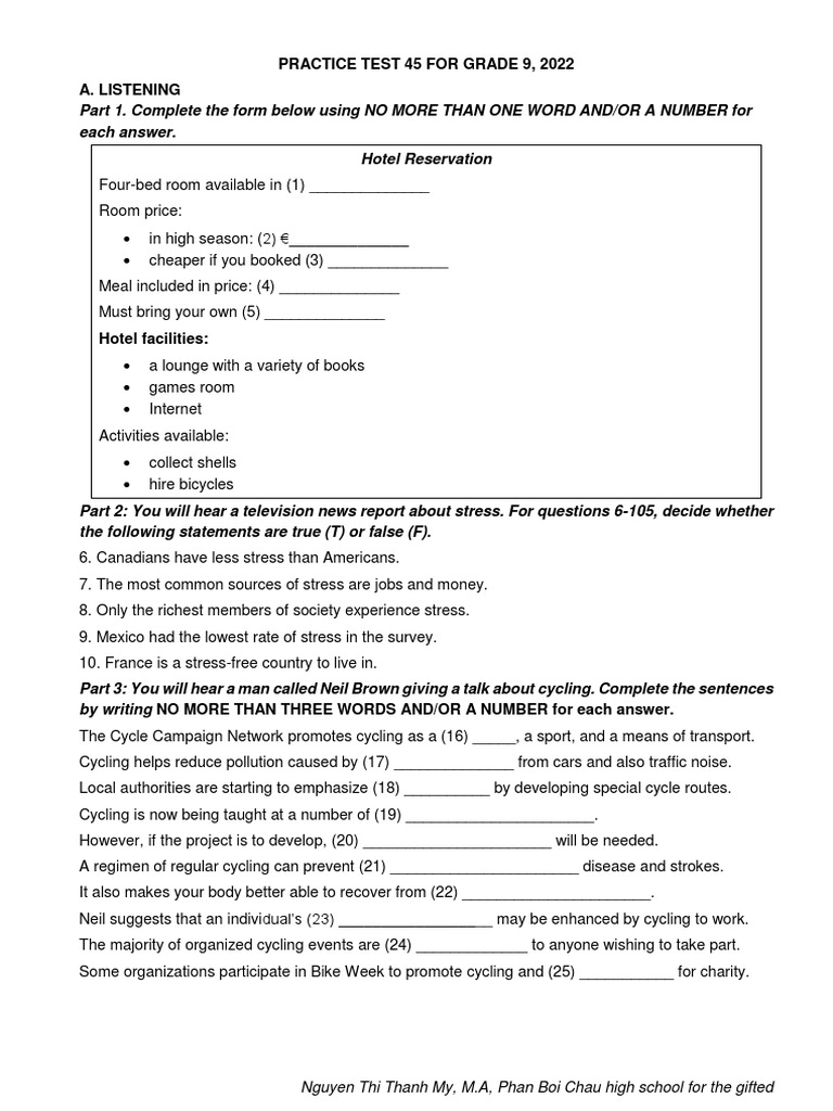 Practice Test 45 For Grade 9 | PDF | Memory | Neuroscience