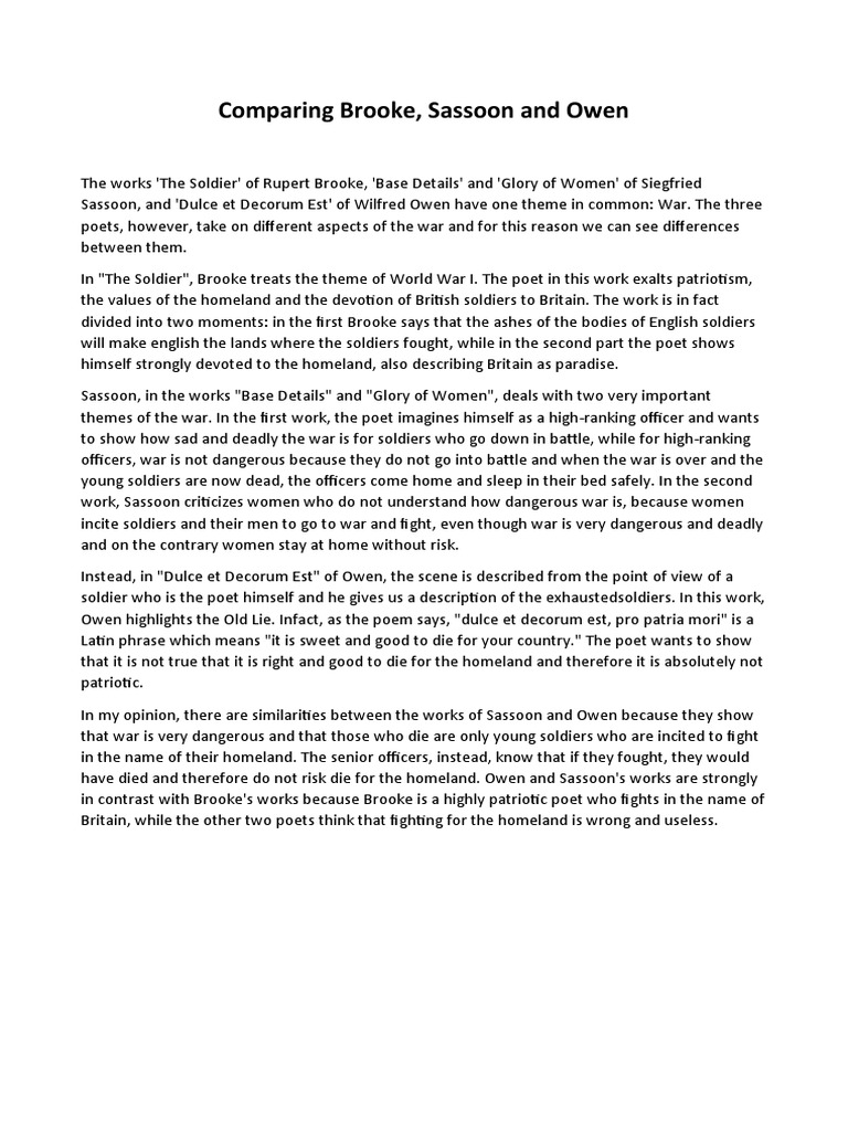 Comparing Brooke, Sassoon and Owen | PDF | Poetry | World War I