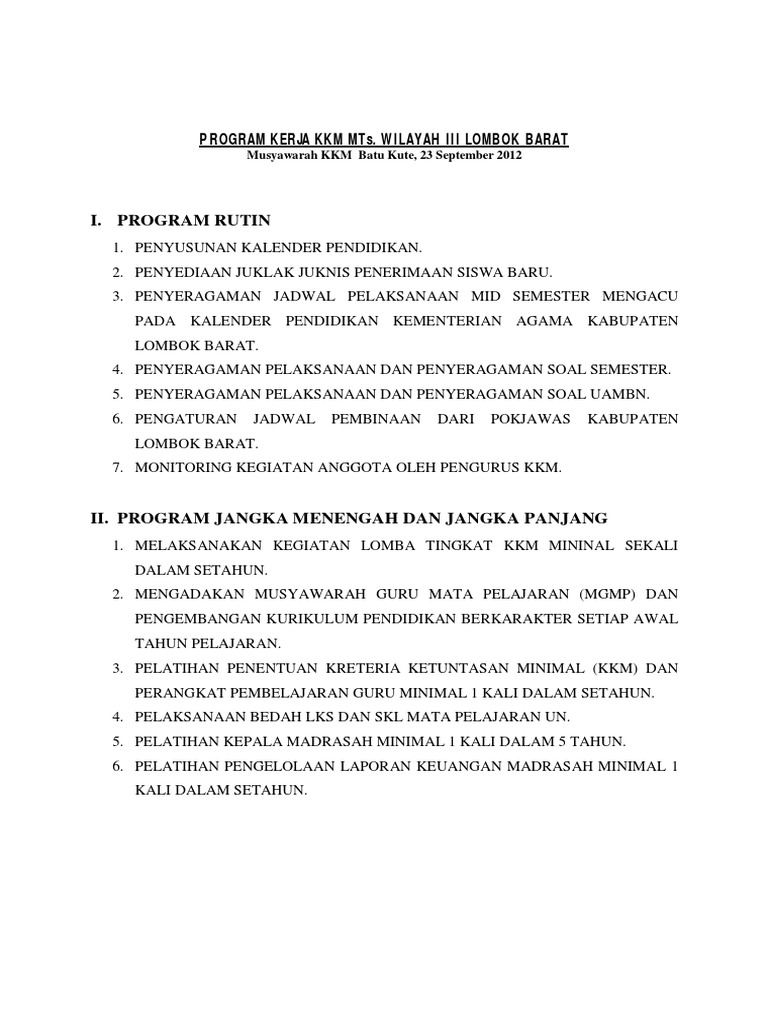 Rancangan Program Kerja KKM Mts | PDF | Pengelolaan Keuangan & Uang